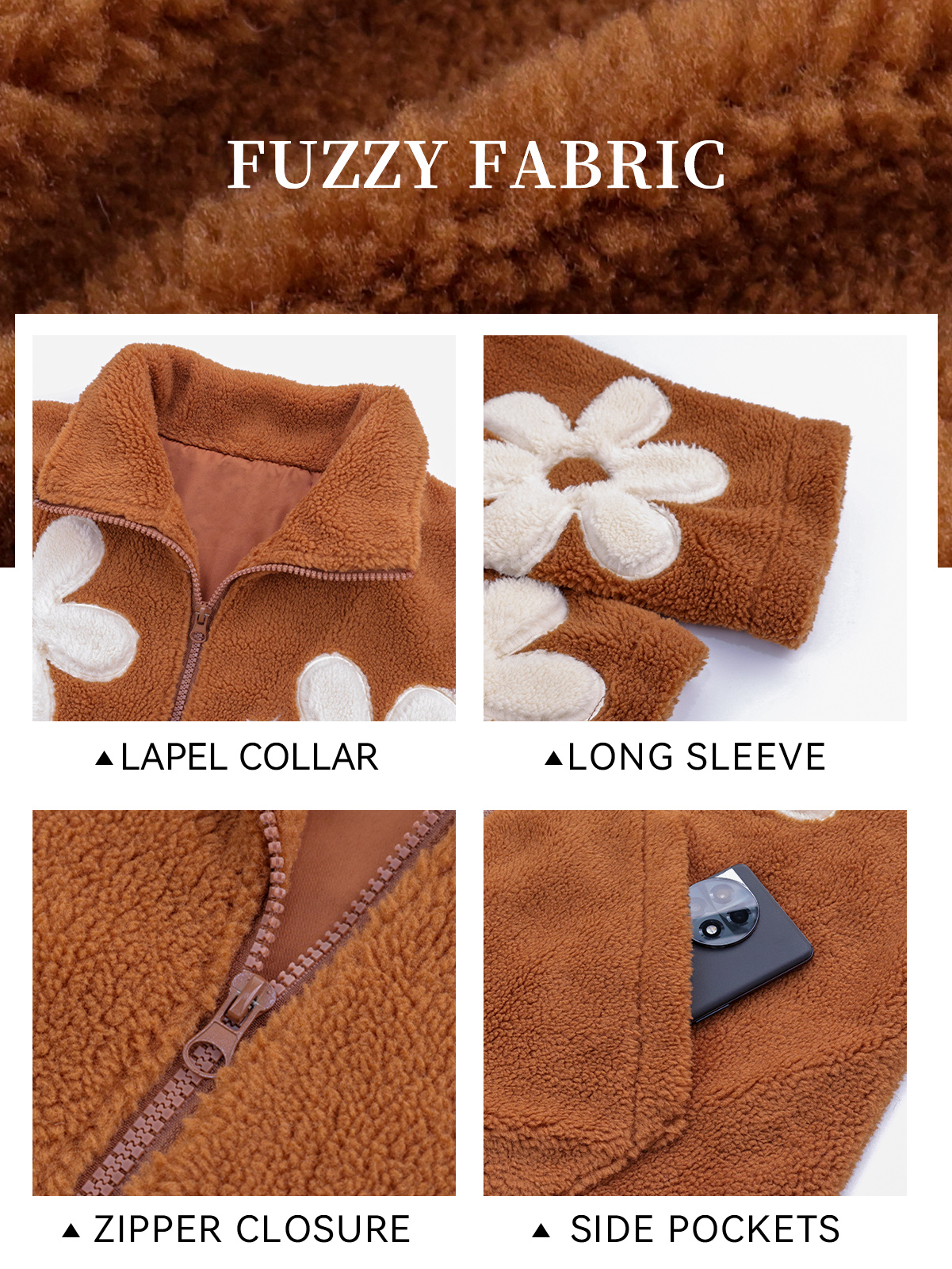 fuzzy flower zip up jacket for women with pocket brown (2) - imgsha